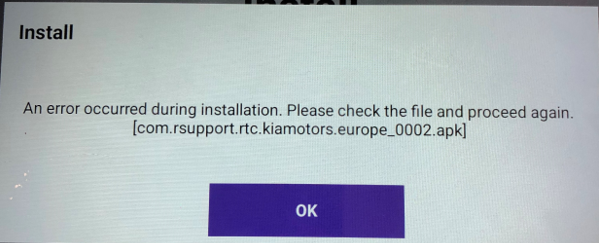 An error message 'An error occurred during installation. Please check the file and procceed ...