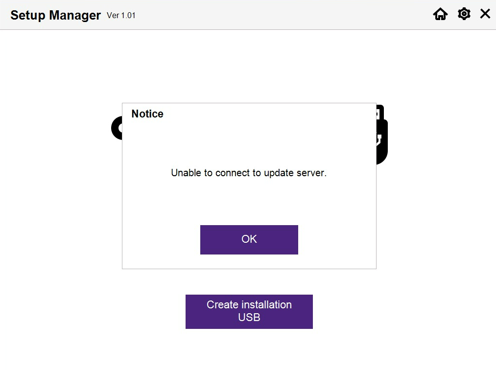 Installation Failure with an message "Unable to connect to update server" while using PC Manager ...